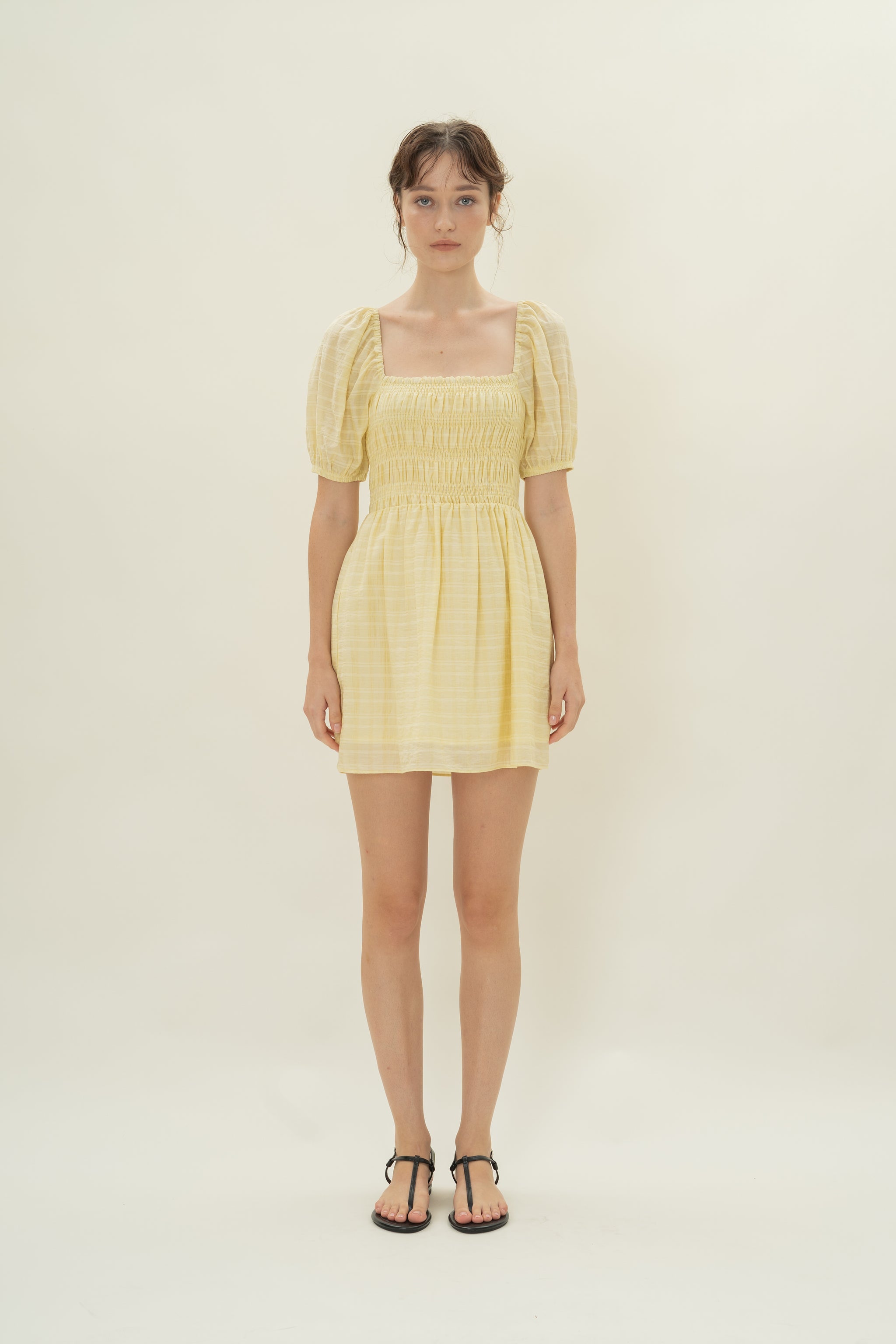 Puff Sleeve Shirred Mini Dress in Wildflower Yellow