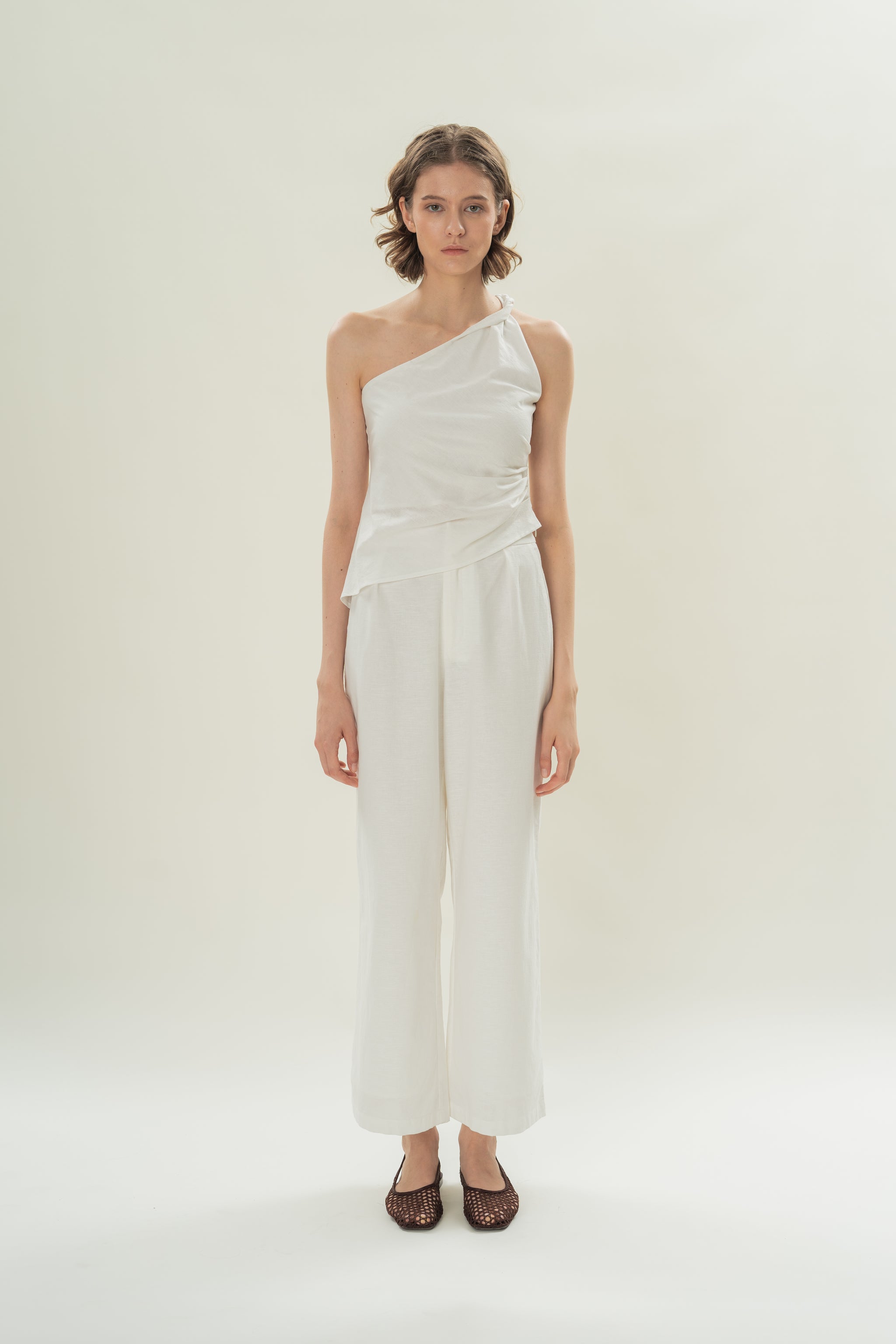 Draped Twist Knot Toga Top in White