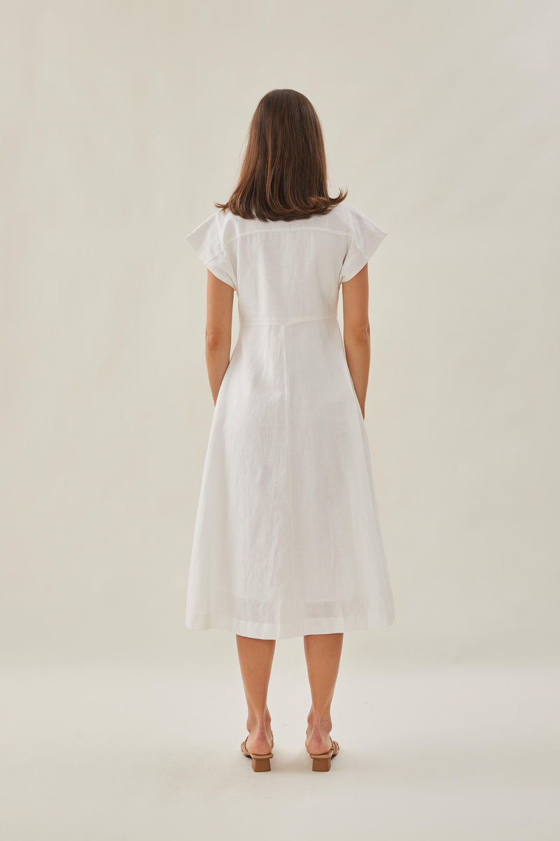 Linen Collared Midi Dress in White – KLARRA