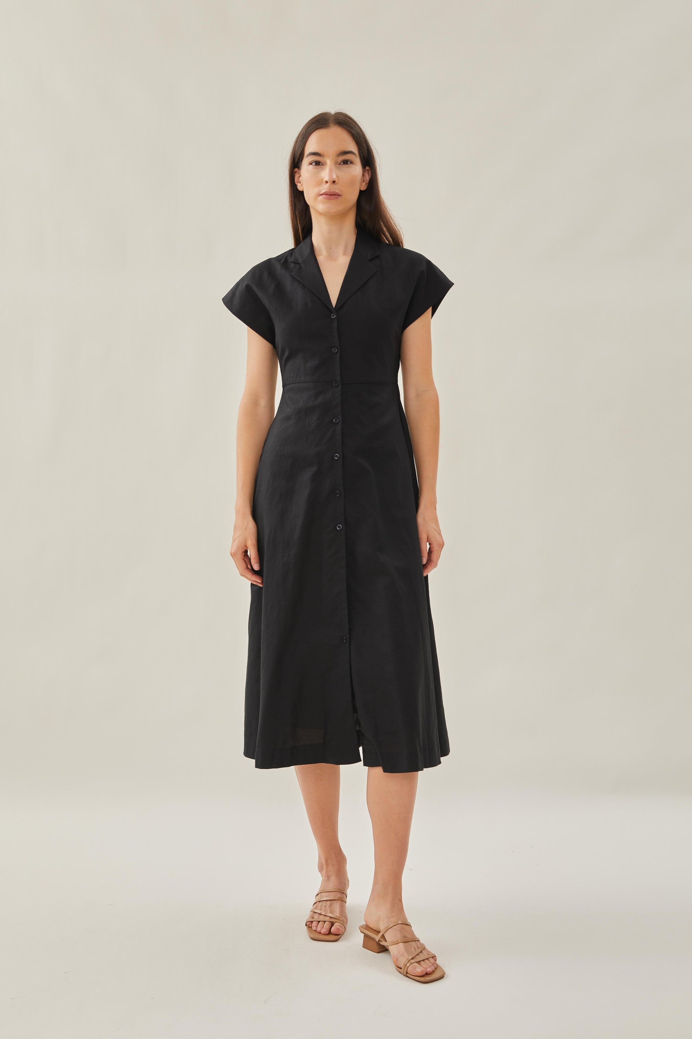 Linen Collared Midi Dress in Black