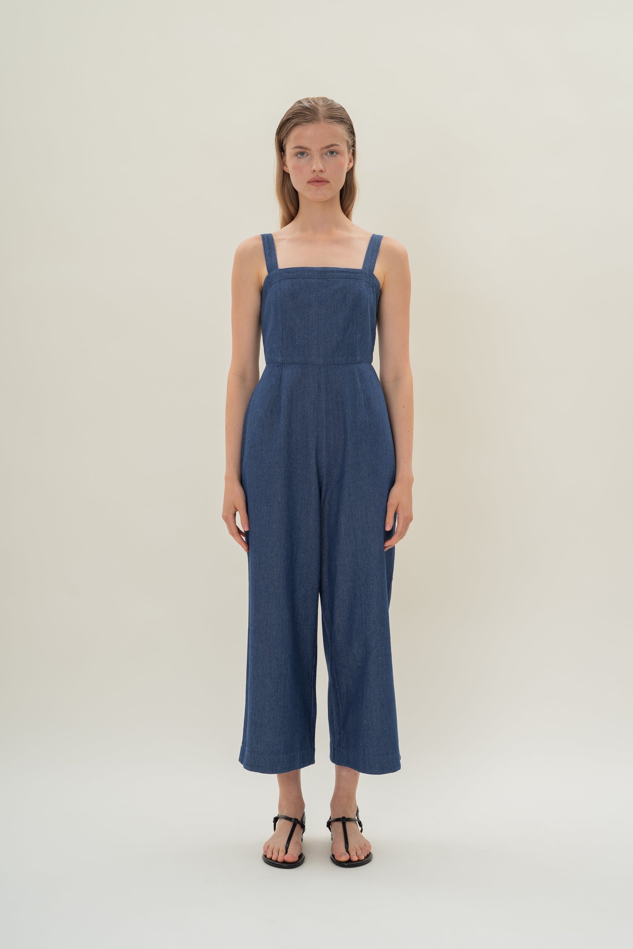 Straight Neckline Denim Jumpsuit in Mid Blue
