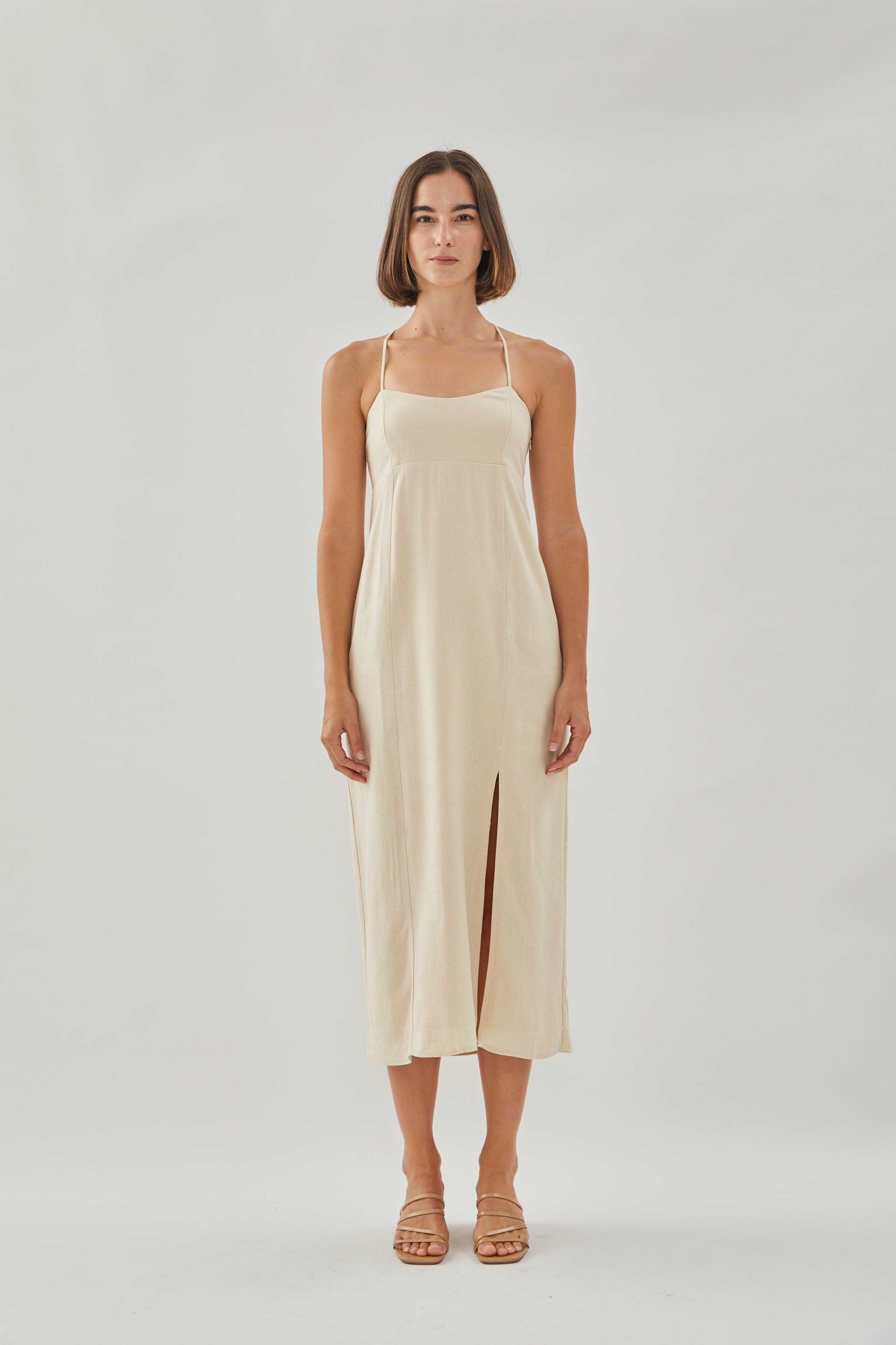Crossback Linen Midi Dress in Oatmeal