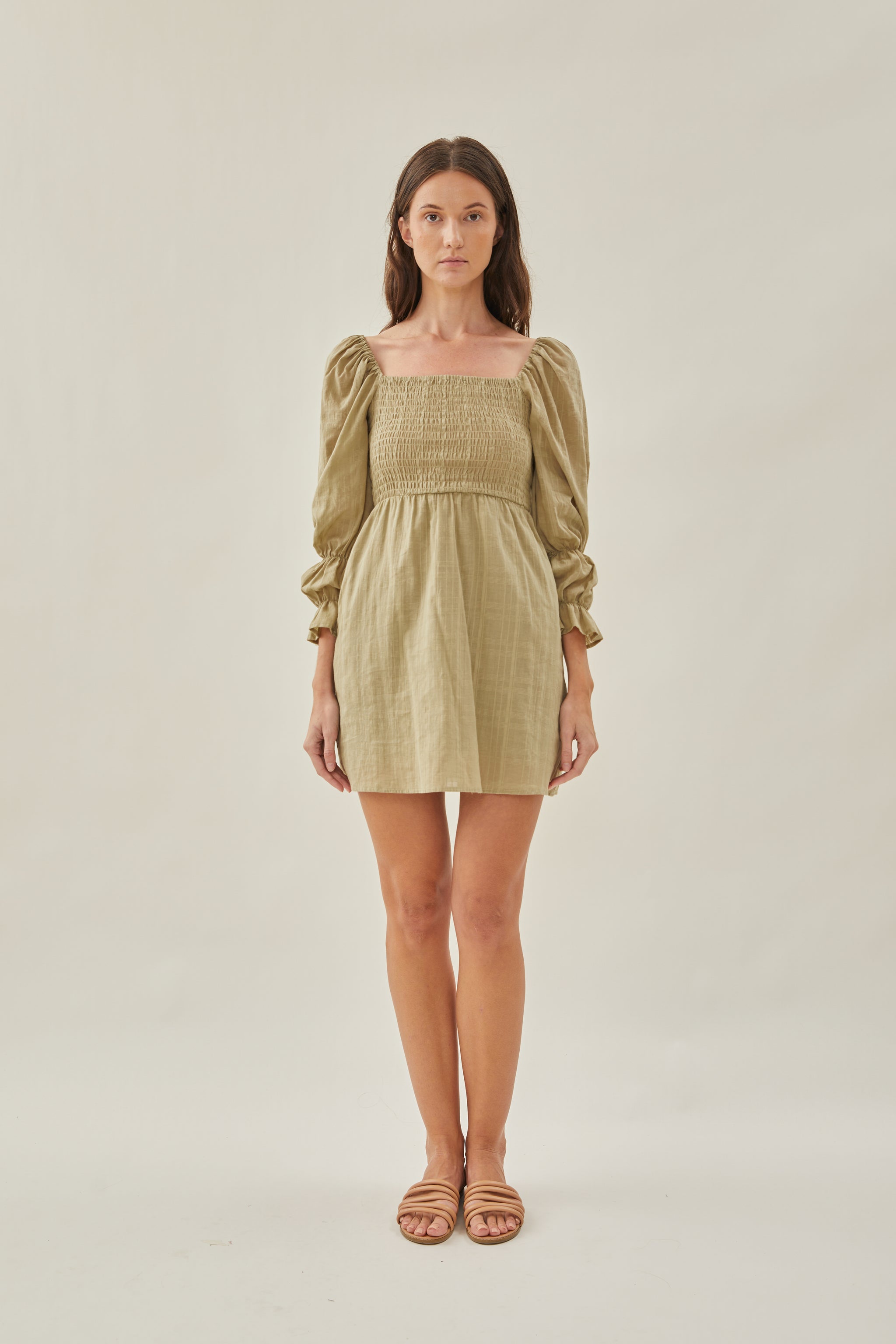 Textured Cotton Shirred Mini Dress in Muted Moss